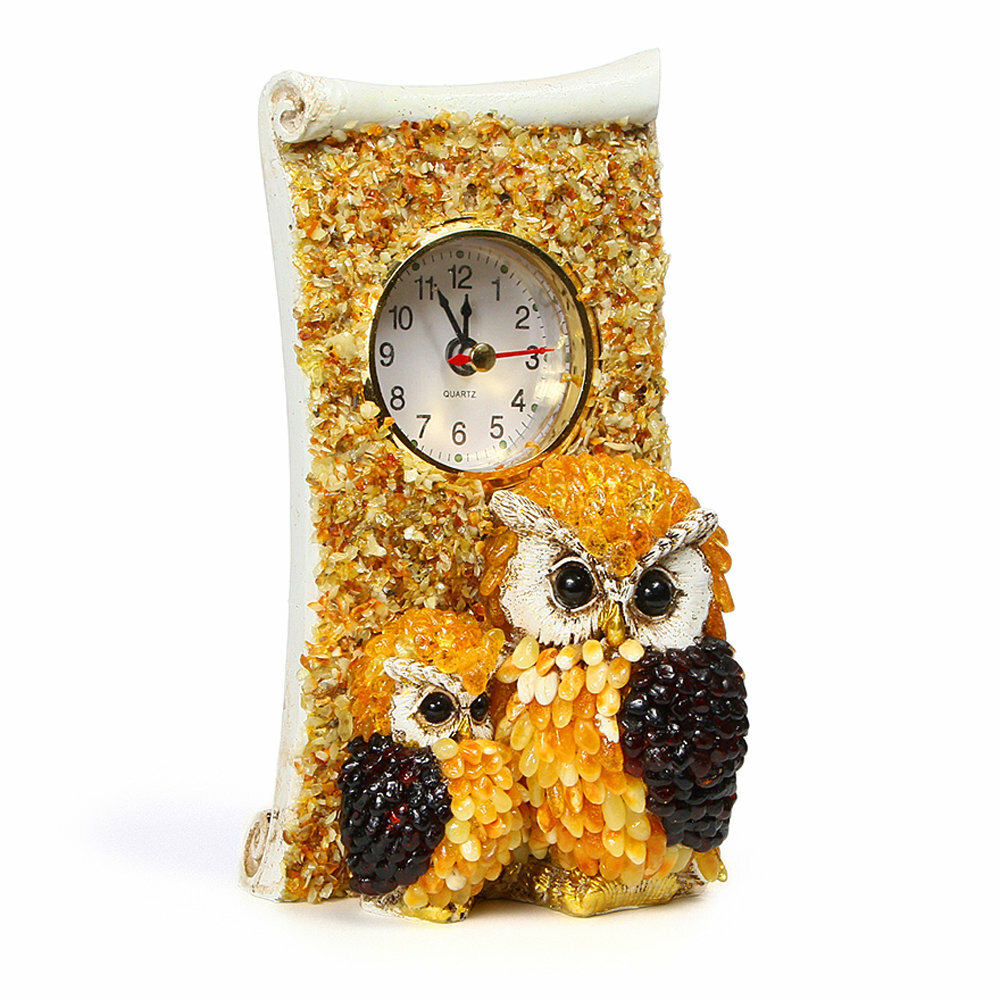 Часы сувенирные с натуральным янтарем "Сова с совенком"