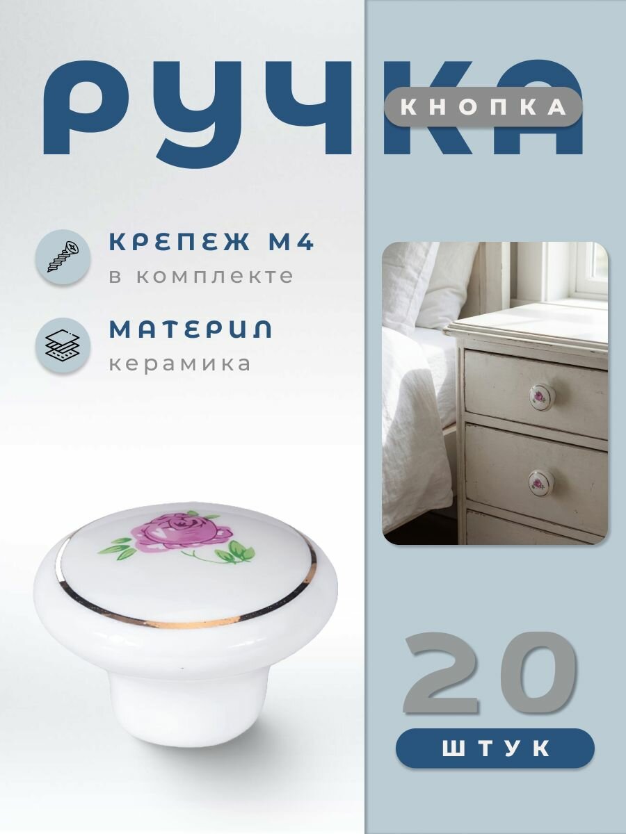 Ручка-кнопка мебельная BRANTE RK.1427. WT F29 белая керамика/роза, комплект 20 шт, ручка для шкафов, комодов, для кухонного гарнитура, для мебели