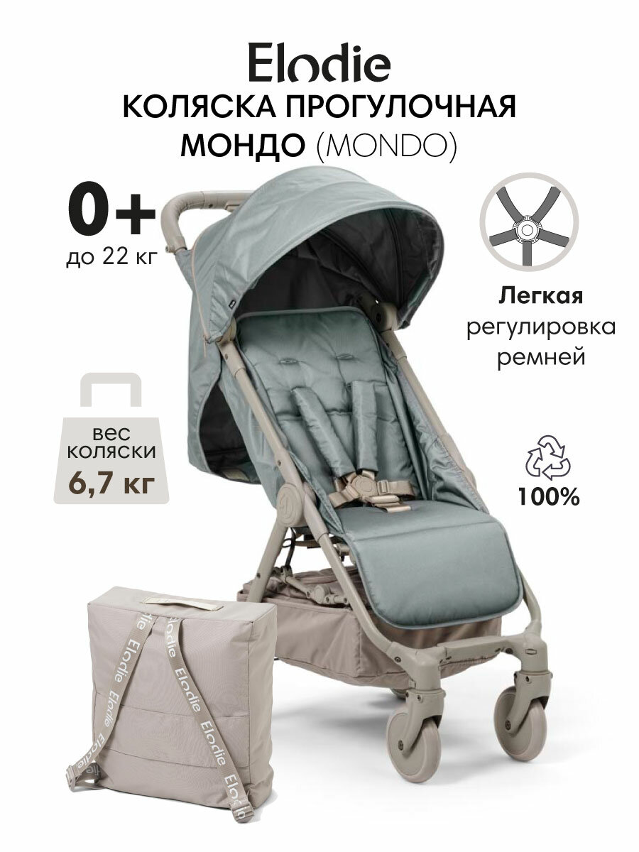 Коляска прогулочная Элоди Мондо (Elodie Mondo) Pebble Green, с сумкой-рюкзаком, обновленная версия