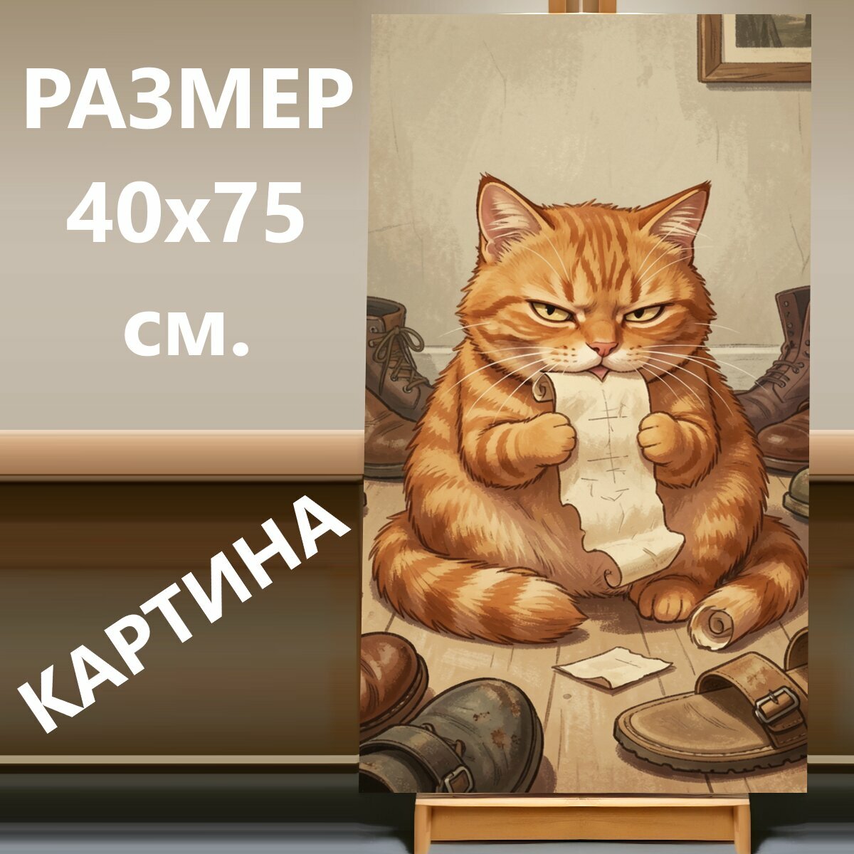 Картина на холсте "Рыжий кот с пергаментом. Игривый антропоморфный рыжий кот с свитком в окружении старых ботинок и сапог. Теплая винтажная." на подрамнике 75х40 см. для интерьера