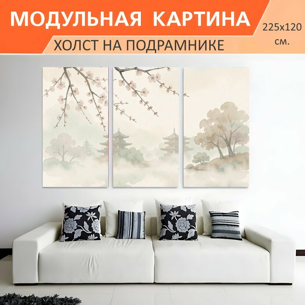 Модульная картина на холсте "Цветущая сакура в японском пейзаже. Нежная акварельная сцена с ветвями цветущих деревьев, туманным." триптих на подрамнике 225х120 см. для интерьера
