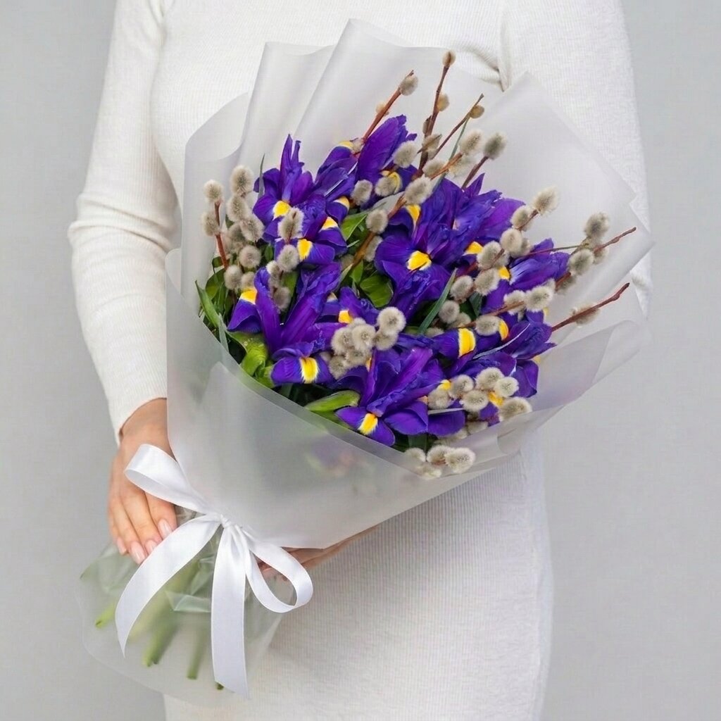 Дуо-Букет Мегацвет24 "Верба и Ирисы", мини, дизайнерская упаковка