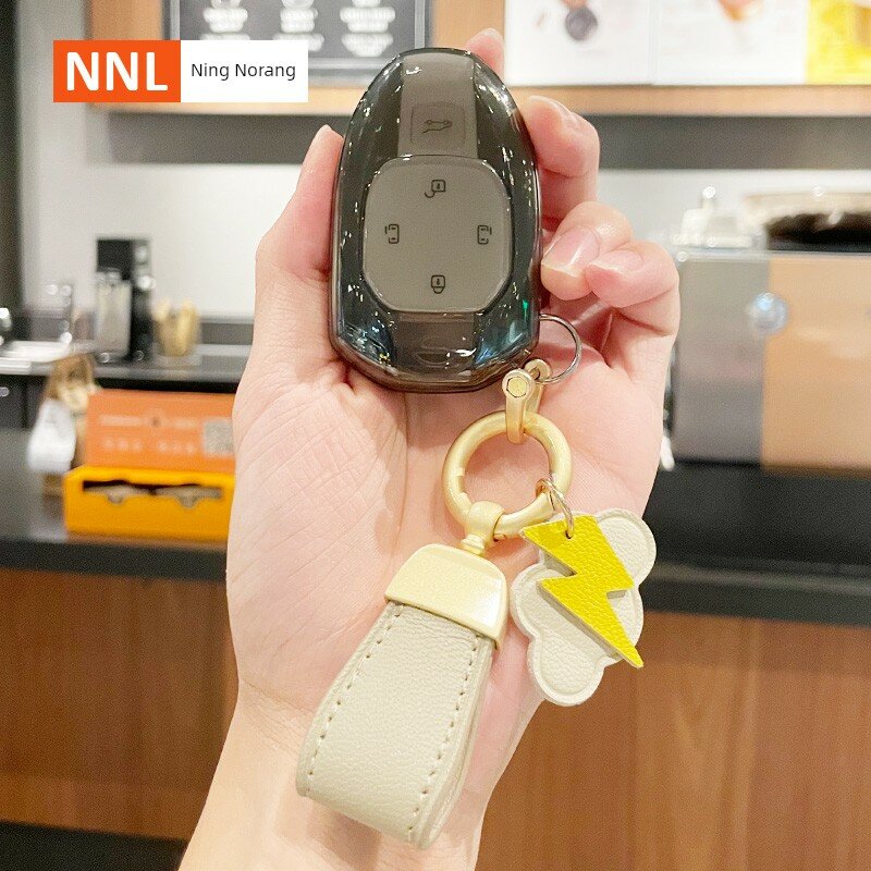 Черный TPU чехол для ключа автомобиля с коричневым коротким крючком и облаком-молнией
