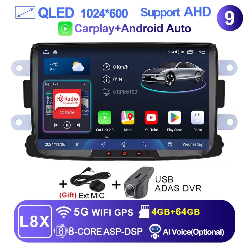 Автомагнитола Android 9" Carplay L8X(4-64GB)DVR