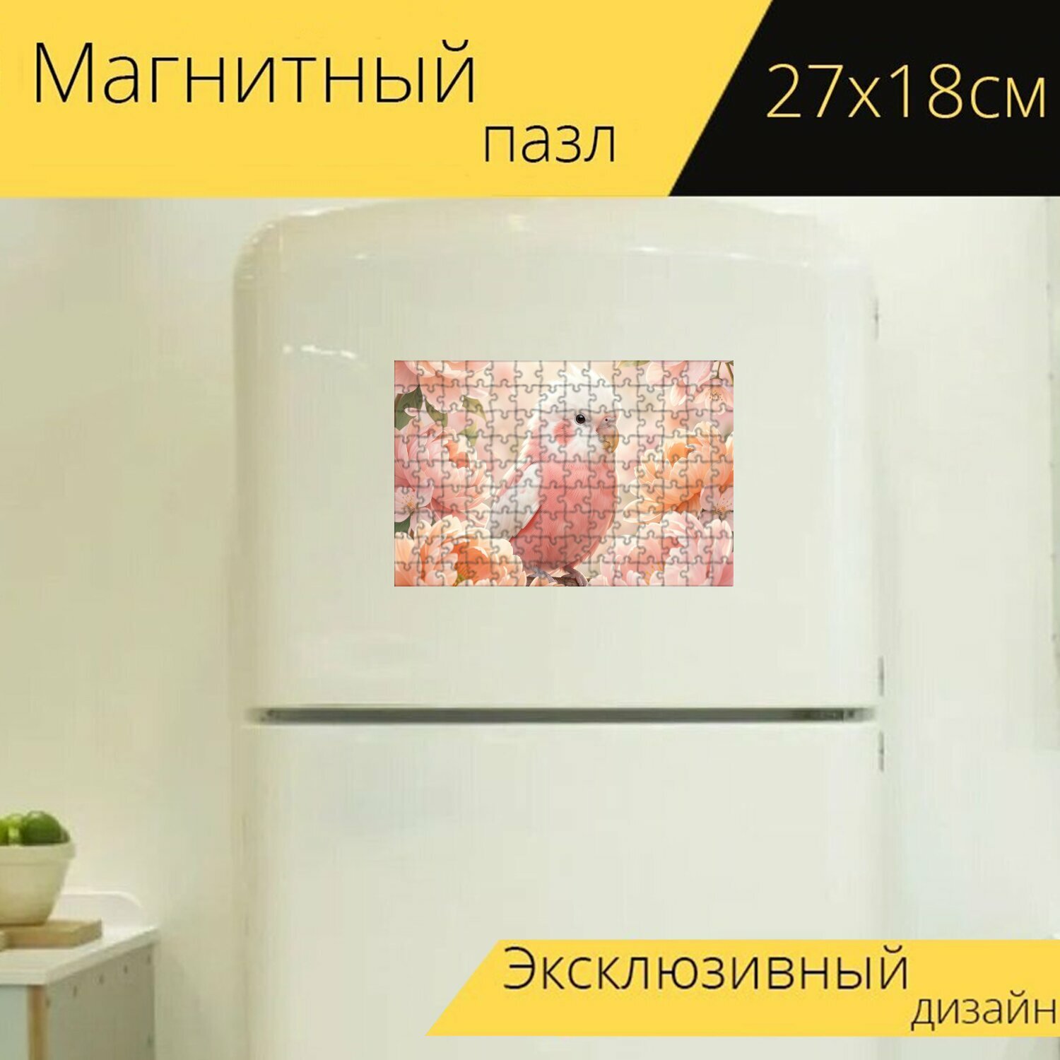 Магнитный пазл "Розовый попугай среди цветов. Нежная весенняя композиция с бело-розовым птицем среди крупных пастельных бутонов. Мягкий свет, воздушный." на холодильник 27 x 18 см.