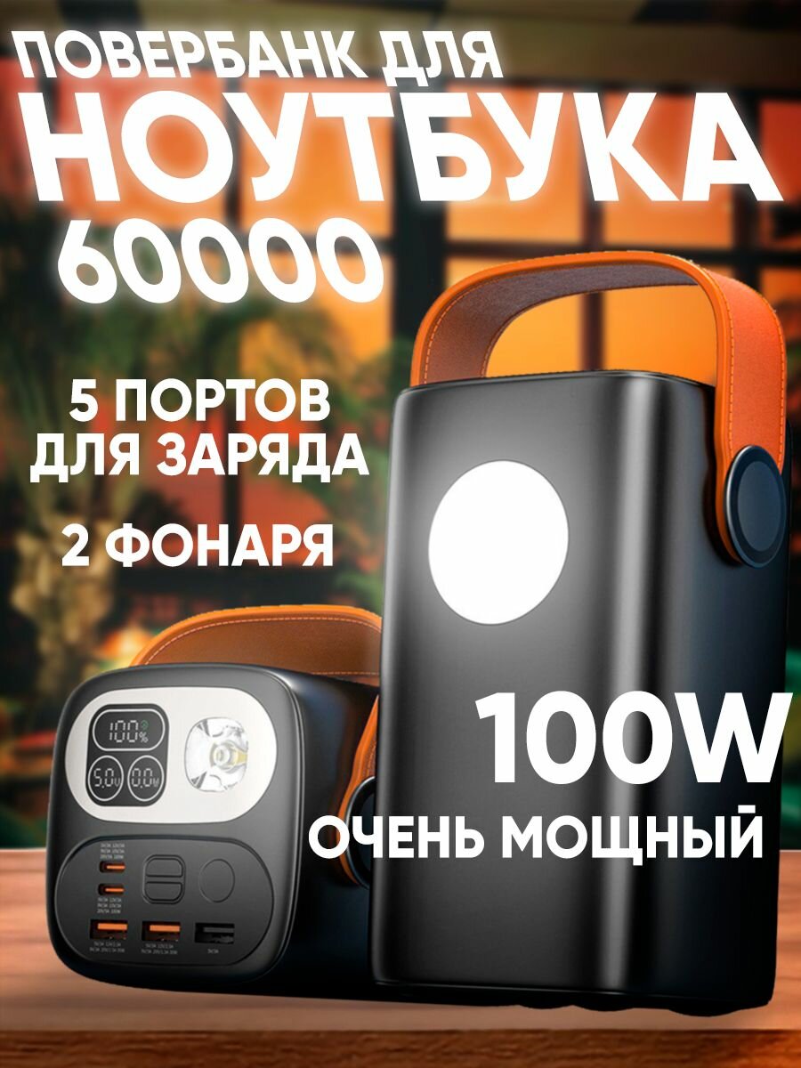 Повербанк для ноутбука 60000mah 100w Чёрный Внешний аккумулятор 50000mah