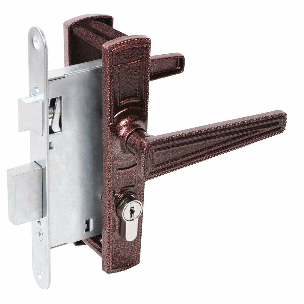 Замок врезной Абсолют ЗВ4-3/01 с ручкой, цилиндровый, медь-антик, межосевое расстояние 55 мм, производство Россия