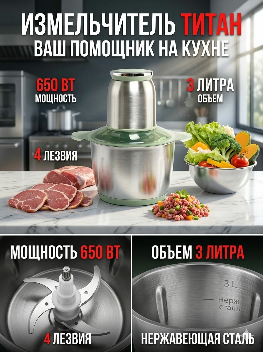 Измельчитель электрический титан 650 Вт, 3 л / Кухонный комбайн из нержавеющей стали + Набор запасных лезвий и лопатка в подарок