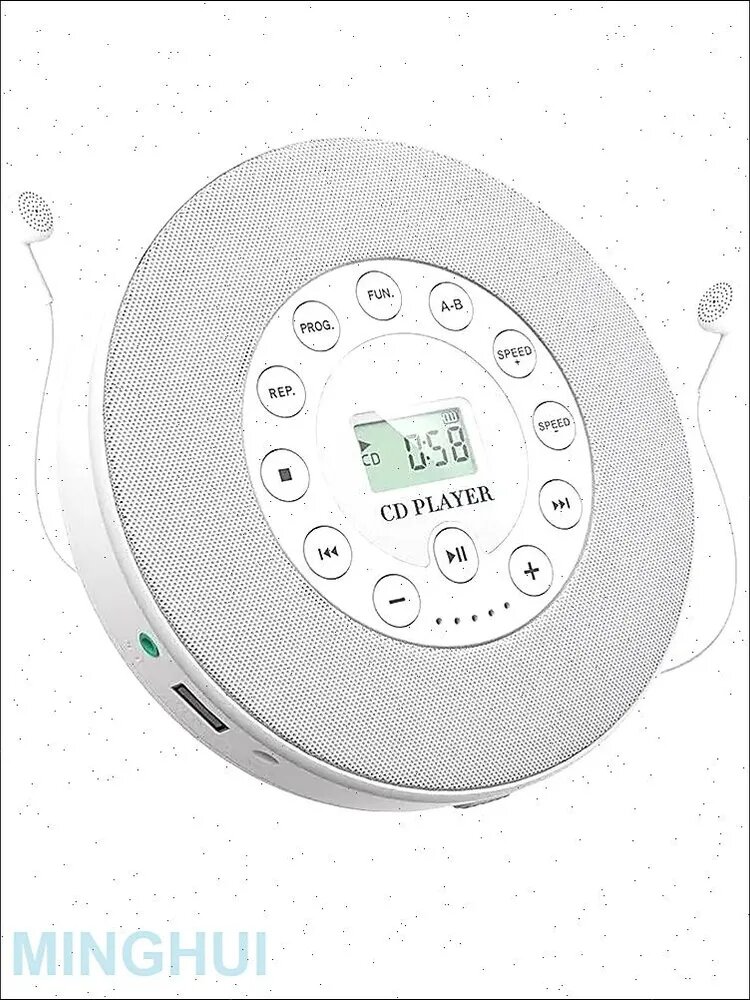 Белый портативный CD-проигрыватель с наушниками и функцией повтора, CD PLAYER