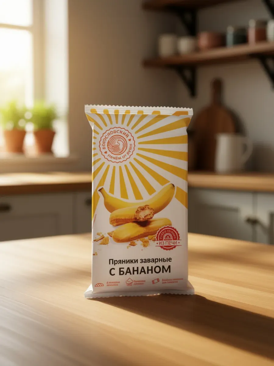 Пряники заварные, с бананом, с глазурью и кремовой начинкой, флоу-пак, 240 г