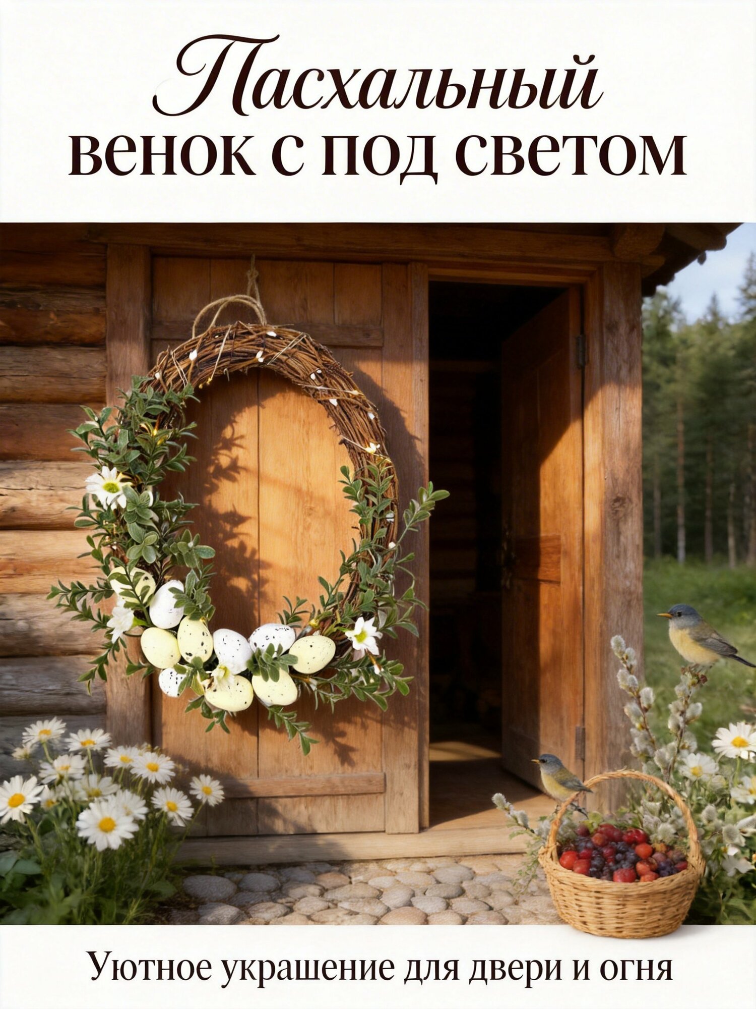 Пасхальный венок с подсветкой для дома, теплый белый свет и компактный размер 30x25x6 см, питание от 2 батареек и шнур 3 м для дверей и окон