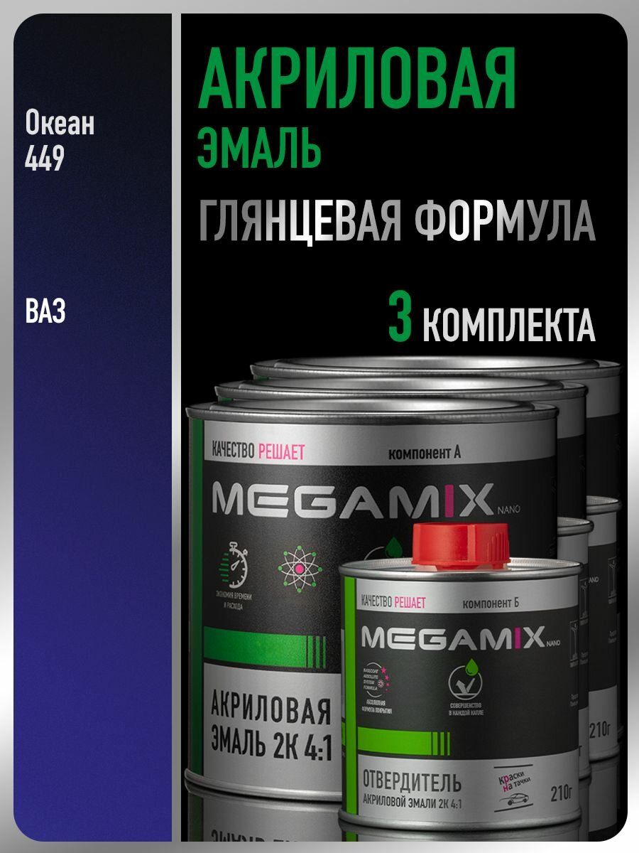 Акриловая краска автомобильная, Океан 449, 3 Комплекта 2К 4:1 (эмаль: 840 мл. + отвердитель: 210 мл), MEGAMIX