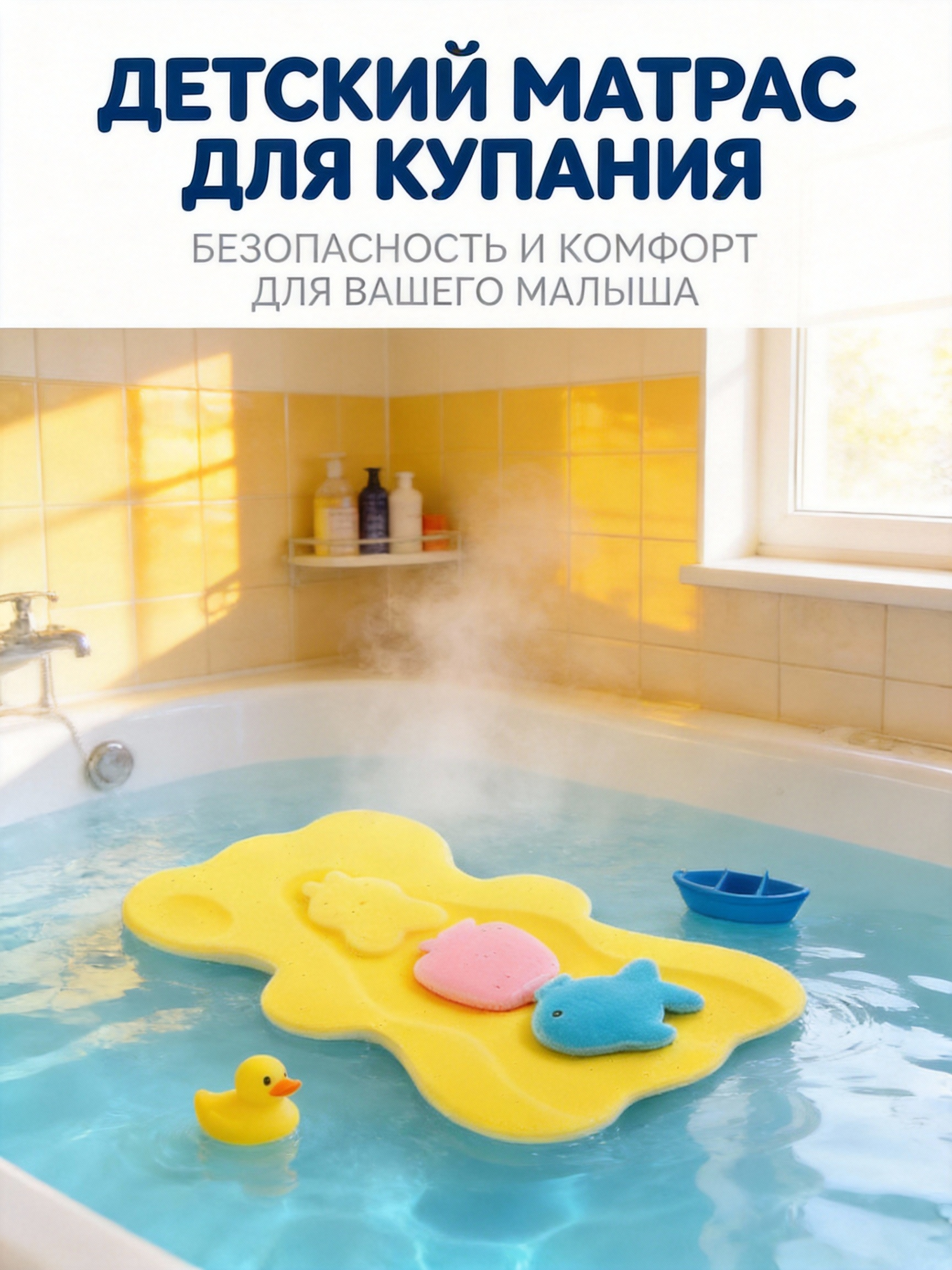 Матрас для купания новорожденных поролоновый с анатомической выемкой для ванн, душевых кабин и ванночек от рождения до 1 года