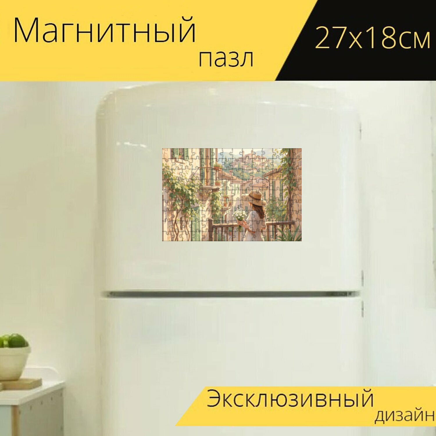 Магнитный пазл "Девушка с букетом в итальянской деревне. Уютная средиземноморская улочка с каменными домами, зелёными ставнями и цветущими растениями." на холодильник 27 x 18 см.