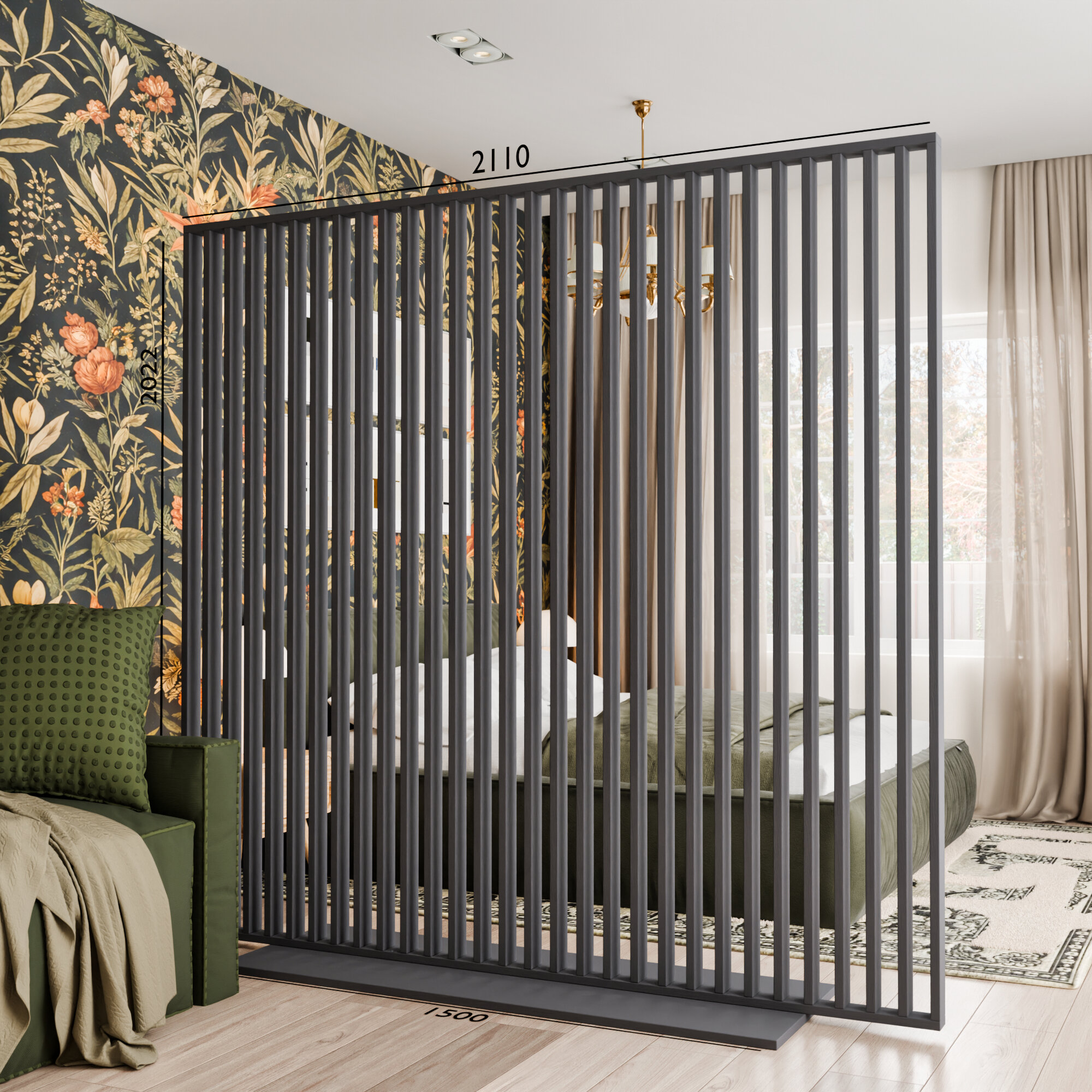 Реечная перегородка ширма для зонирования пространства 2110 мм, Графит