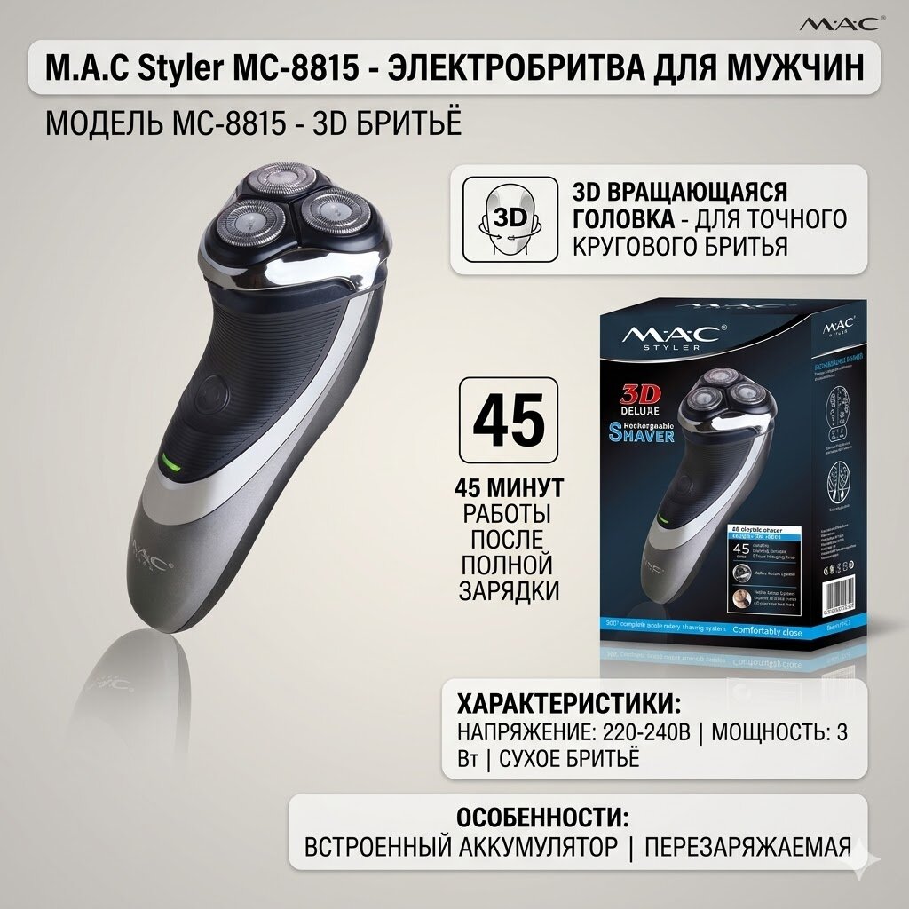Рофессиональная мужская электрическая роторная бритва VoltZone MC-8815 с плавающими 3D головками