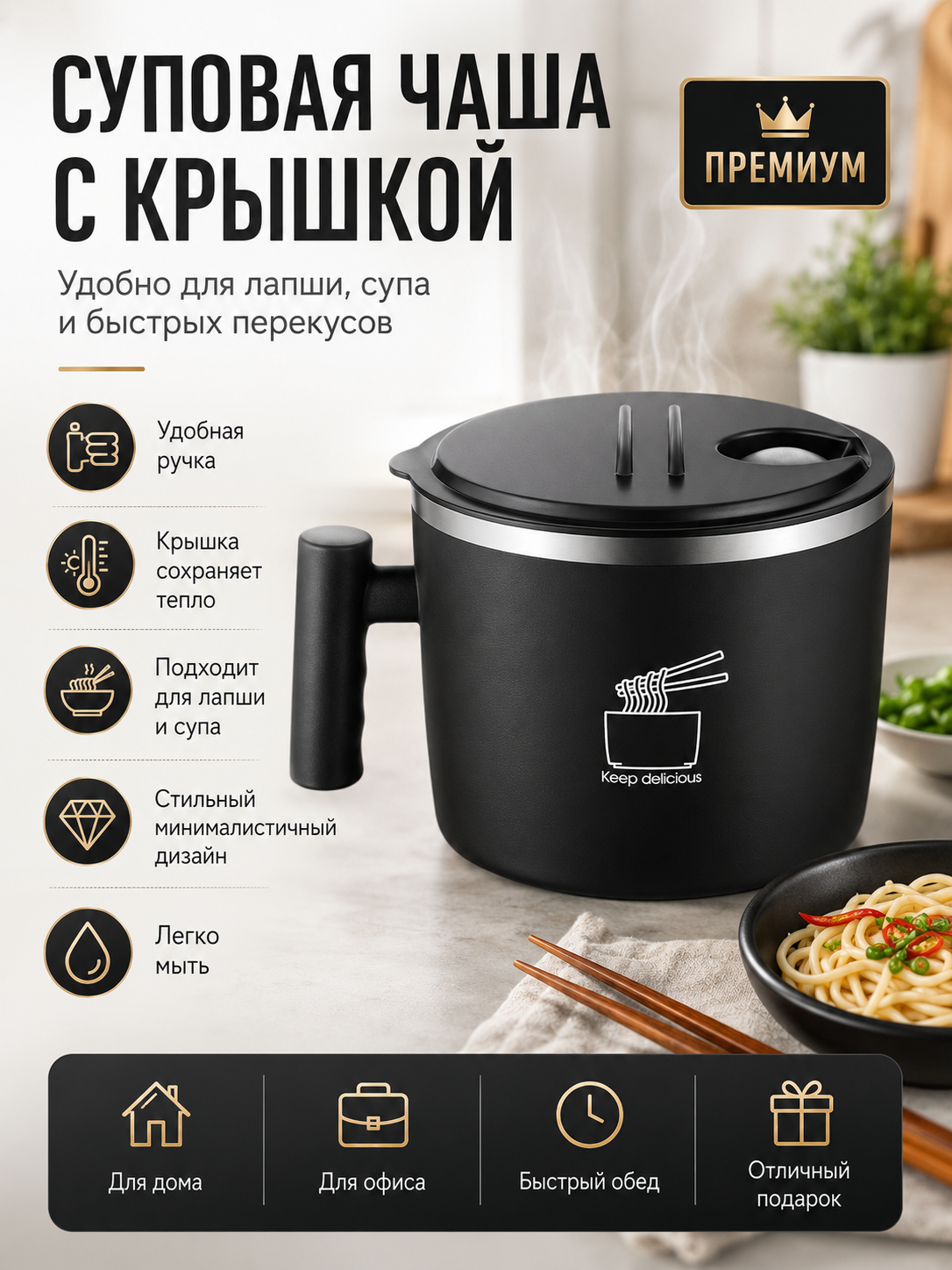 Большая миска для рамена с крышкой и ручкой, двойная изоляция, для лапши, супа, идеально подходит для путешествий, кемпинга, пикника, дома и офиса