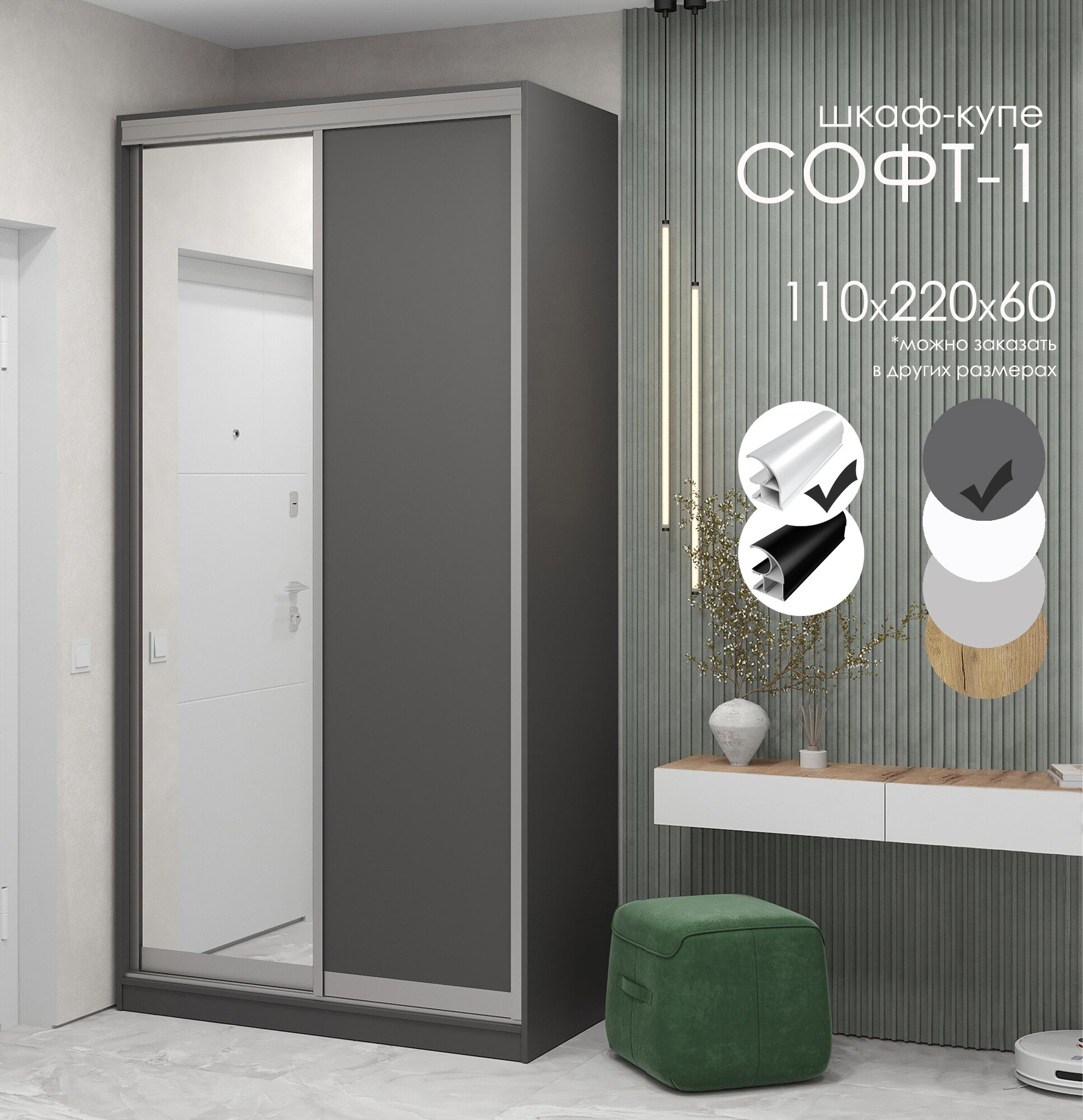 Шкаф-купе СОФТ-1, 110*220*60, графит, серебро матовое, 1 зеркало, платье/белье