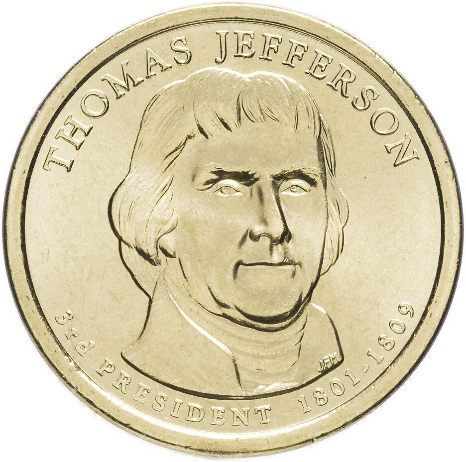 03d Монета США 2007 год 1 доллар Томас Джефферсон 2007 год Латунь UNC