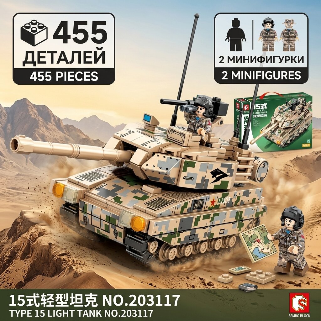 Конструктор 203117 Sembo Block, Танк Type 15, 683 детали, 5 минифигурок