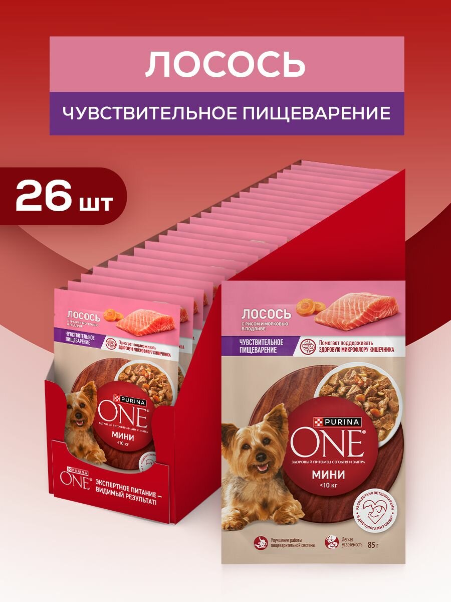 Влажный корм для собак Purina ONE мини для мелких пород при чувствительном пищеварении, в подливе с лососем, рисом и морковью, 85 г x 26 шт