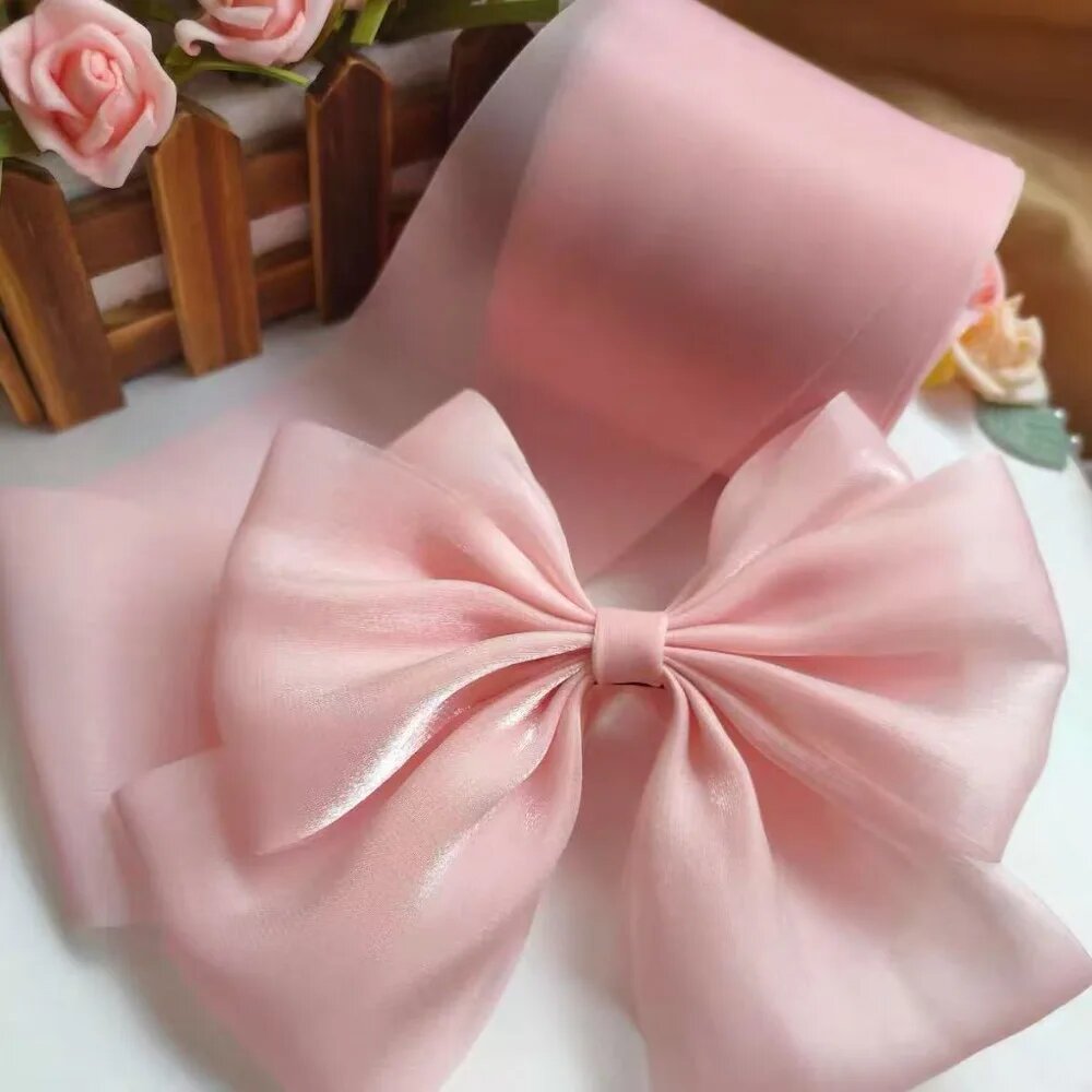 Лента шифон органза 8 см мерцающая 25 ярдов Розовый, Pink