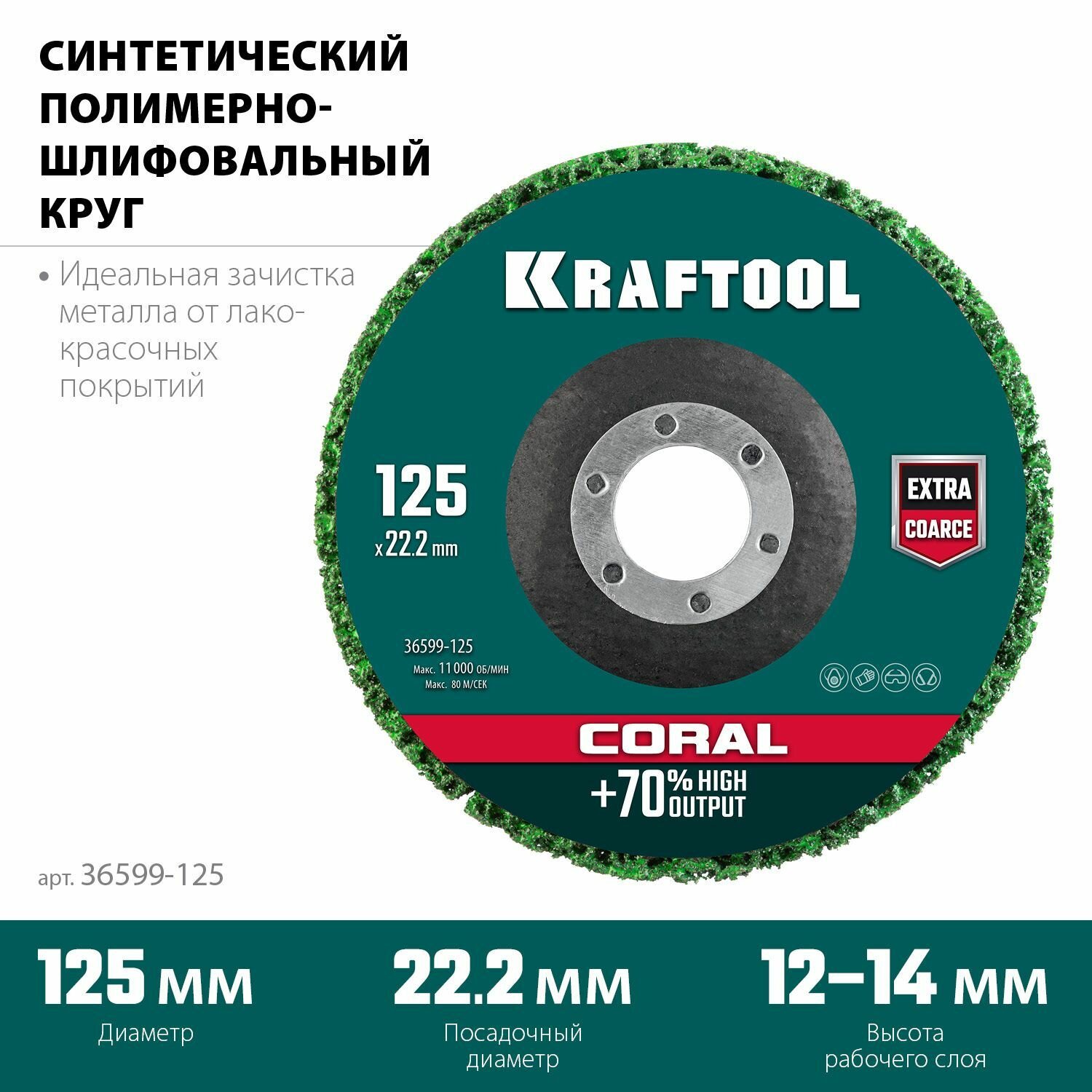 Шлифовальный круг 125, Круг полимерно-шлифовальный синтетический абразивный 125х22,2мм KRAFTOOL 36599-125 CORAL