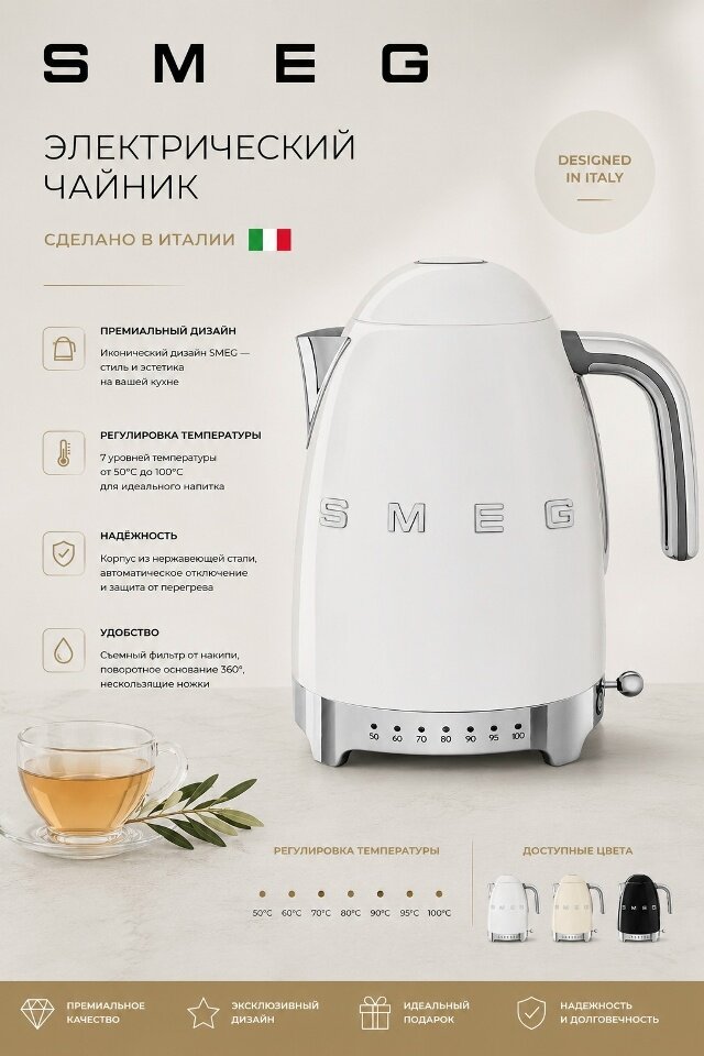 Чайник Smeg KLF04 WHMEU, нержавеющая сталь, белый матовый, 1,7л, мощность 2400Вт