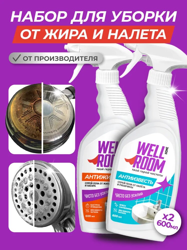 Набор 2х чистящих средств для уборки Wellroom антижир + антиизвесть