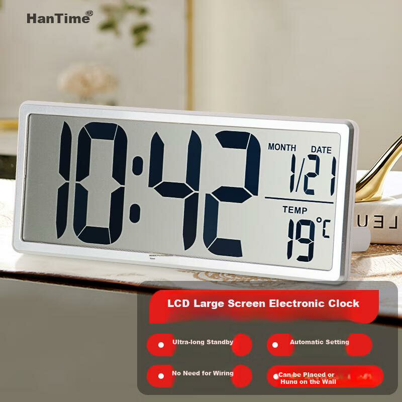 Hense Large Screen Digital Clock, Living Room Wall Clock, Desktop Clock, Wall-Mounted Clock, Table Clock, Alarm Clock, Creative Desk Clock, HA88 Silver, 36cm