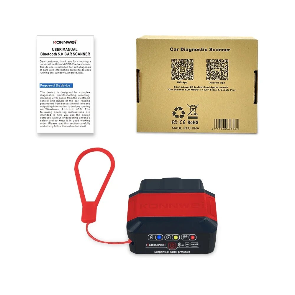KONNWEI KW906 ELM327 V1.5 OBD2 автомобильные сканеры неисправностей Bluetooth 5,0 OBDII KW906 Red