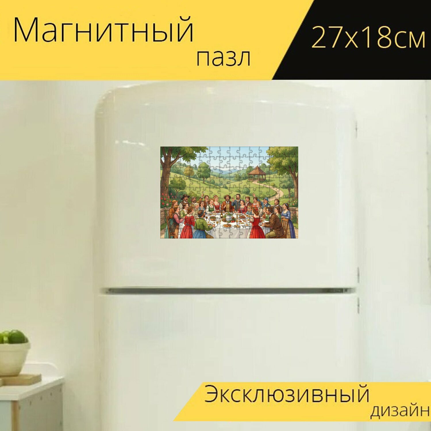 Магнитный пазл "Веселое застолье на природе. Большая компания в народных костюмах ужинает на открытой террасе среди зеленых холмов и беседки; яркая." на холодильник 27 x 18 см.