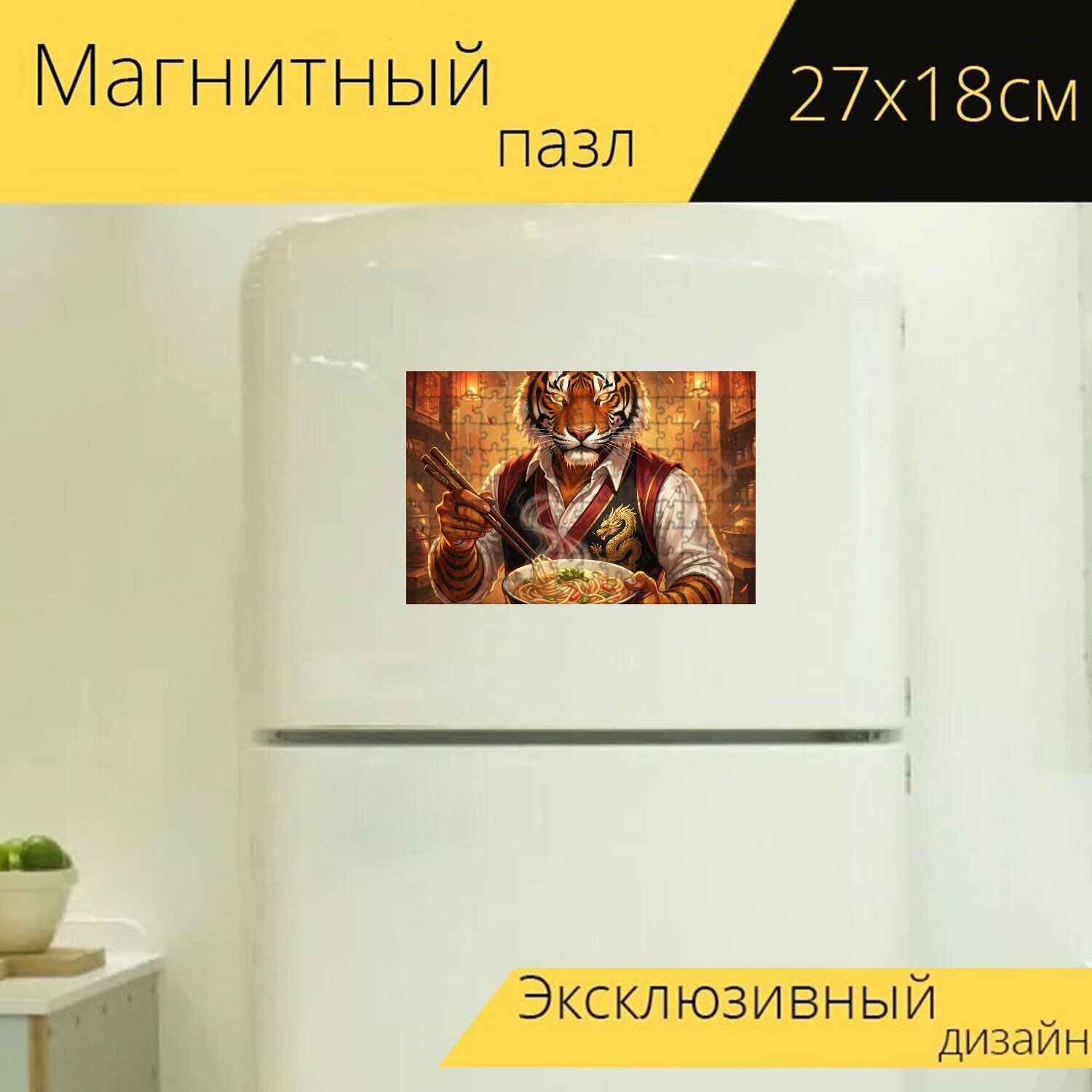 Магнитный пазл "Полосатый зверь с лапшой. Антропоморфный хищник в восточном стиле держит дымящуюся миску с супом и палочки, вокруг теплый янтарный свет." на холодильник 27 x 18 см.