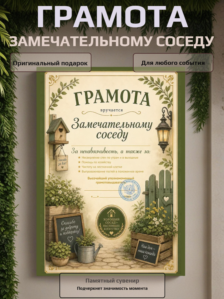 Грамота Филькина Грамота "Замечательный сосед", в подарок, А4, картон