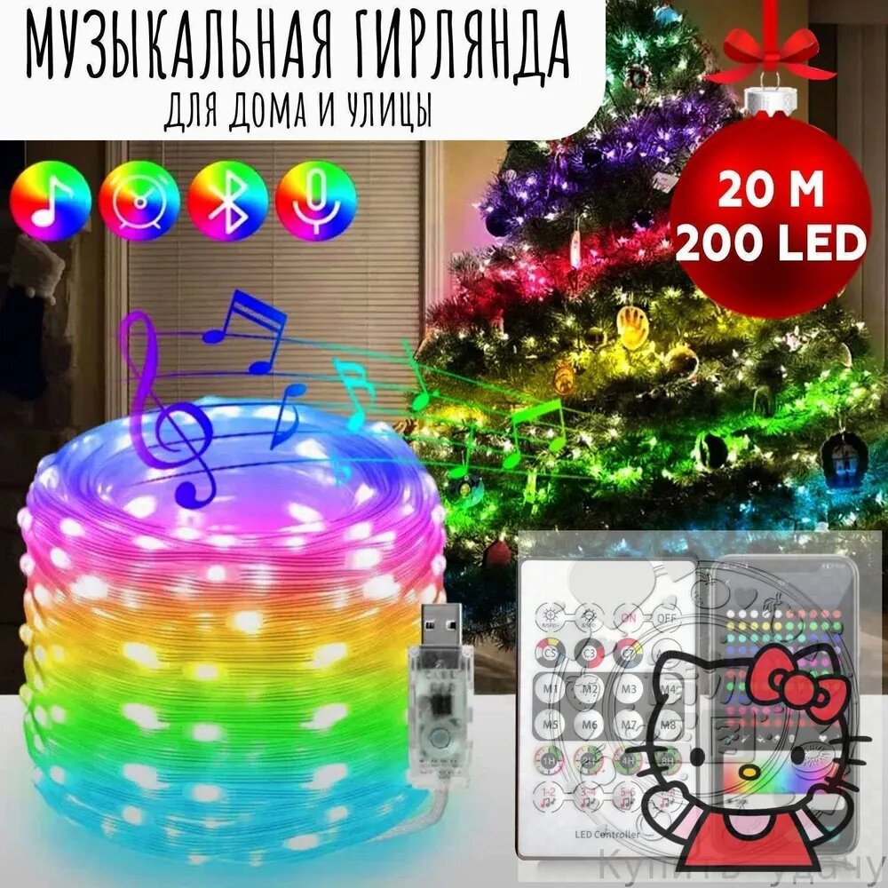 Электрогирлянда интерьерная Нить светодиодная 200 ламп, 20 м, питание от порта usb, от сети 220в, 1 шт