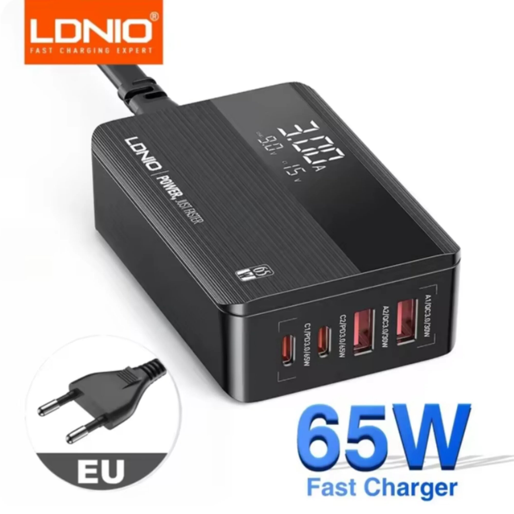 Многопортовое Зарядное Устройство USB C Мощностью 65 Вт Со Светодиодным Дисплеем И Быстрой EU