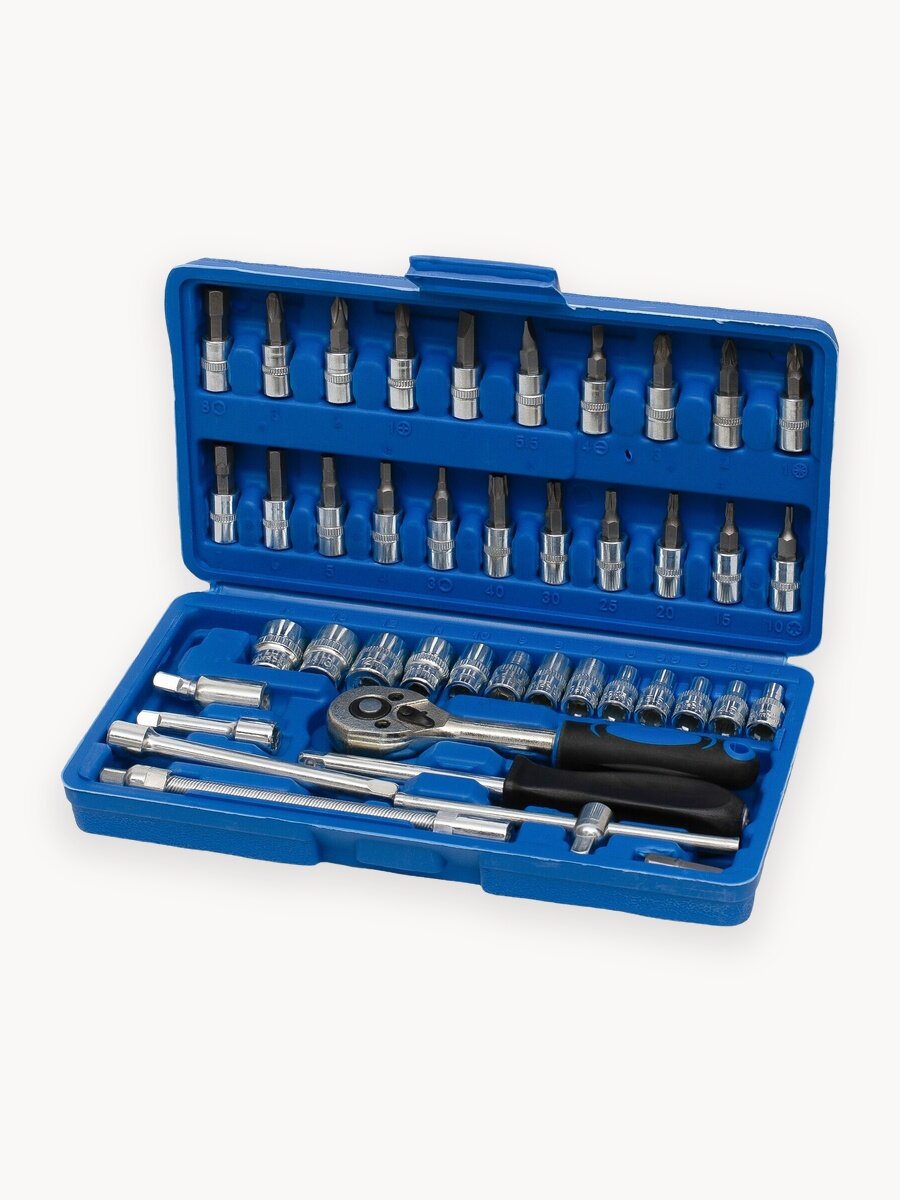 Набор инструментов 46 предметов 1/4" (трещотки, головки торцевые и биты), малый кейс синий, 10046blue