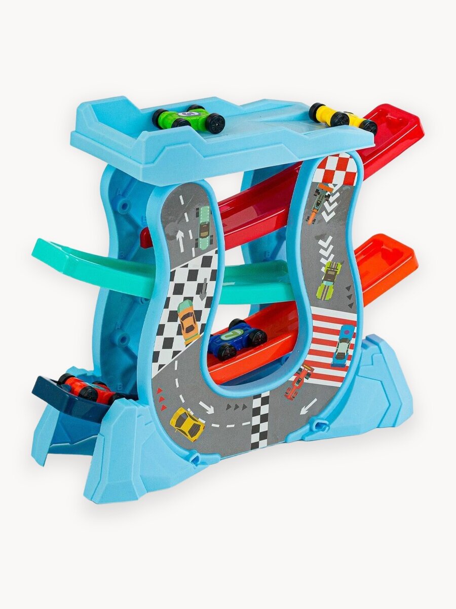 Автотрек с машинками, дорога горки для машинок, 4 машинки в комплекте, в коробке