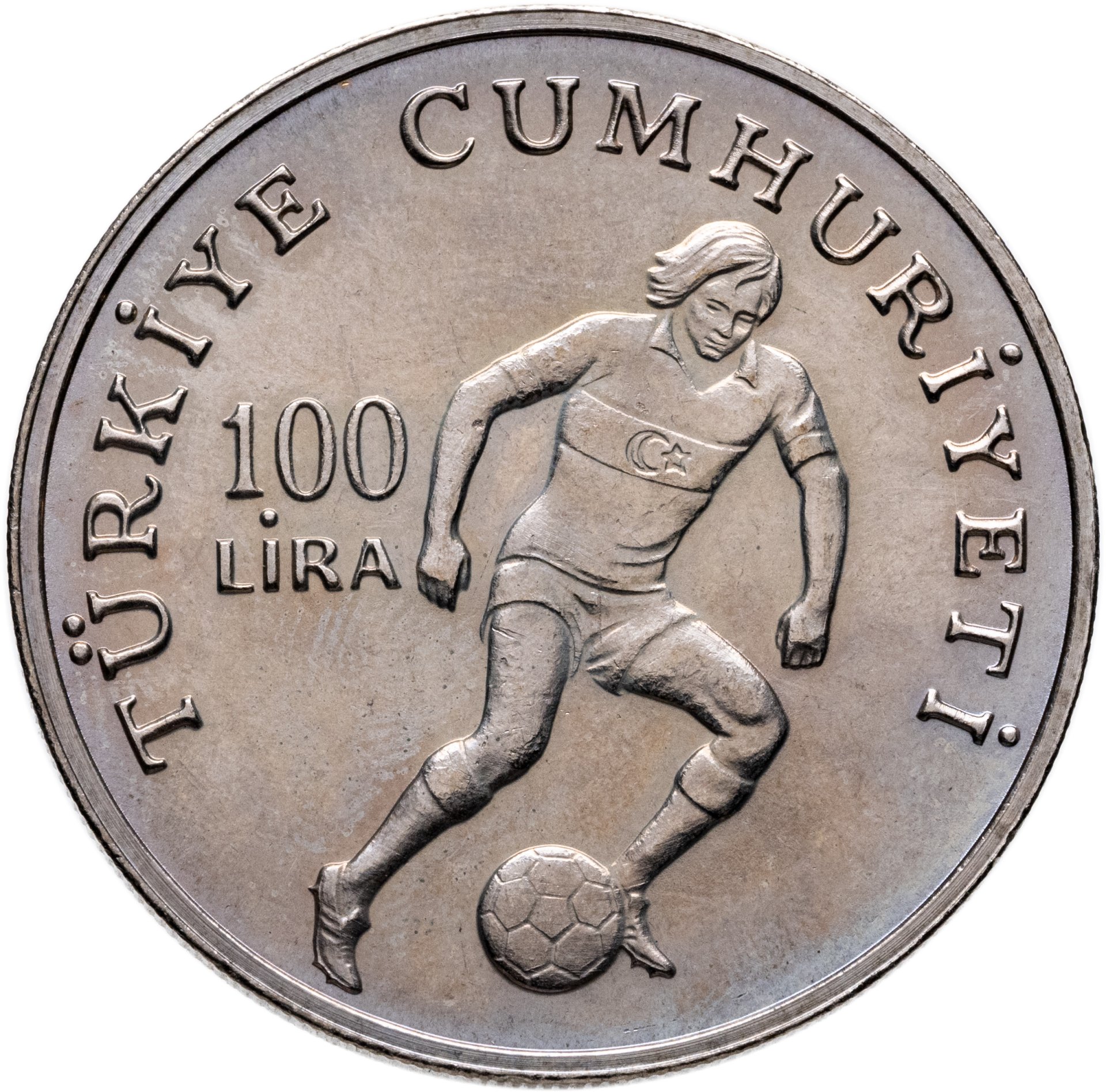 Турция 100 лир lira 1982 "Чемпионат Мира по футболу 1982", Мельхиор медь-никель, в сохранности UNC