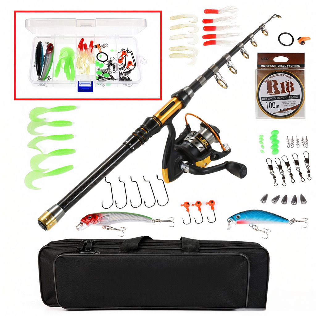 Комплект Telescopic Fishing Rod and Reel Combo Full Kit: Teleskopicheская удочка для рыбалки, спиннинговый каток, сумка для рыбалки, 100м леска, набор рыбацких приманок, крючки и аксессуары. Удочка из углеродного волокна, длины 1.5m / 1.8m / 2.1m / 2.