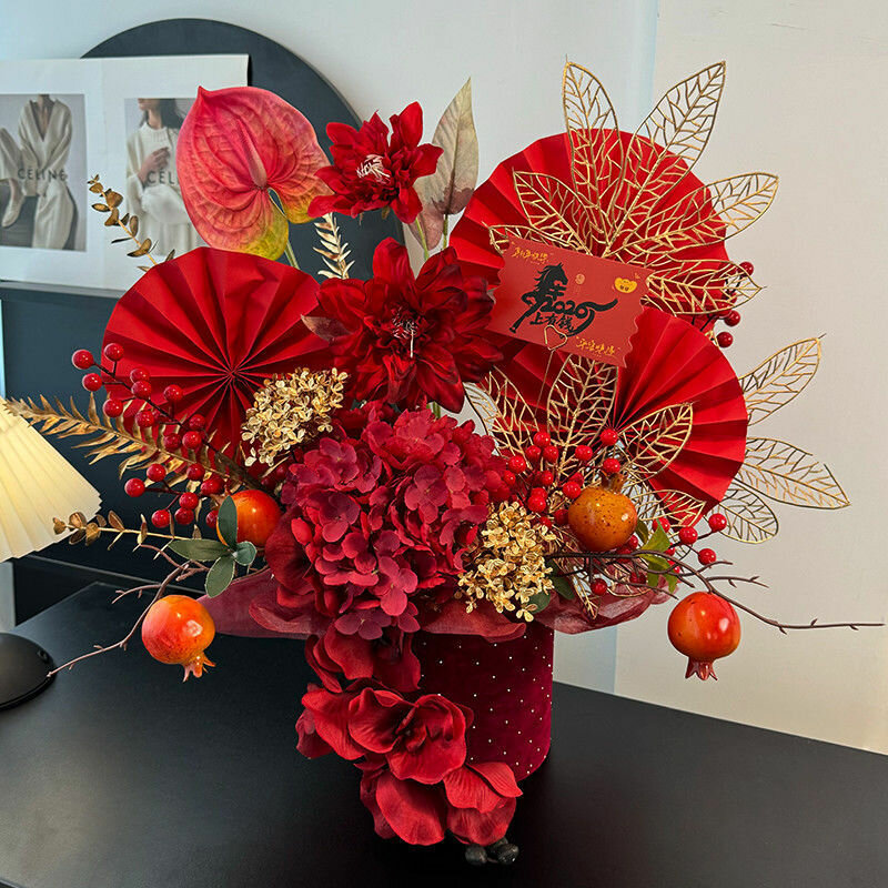 Новогодний вазон с удачей 2026, новогодний цветок, процветание, фрукты, украшение для весеннего фестиваля, искусственный цветок, новогодняя цветочная композиция