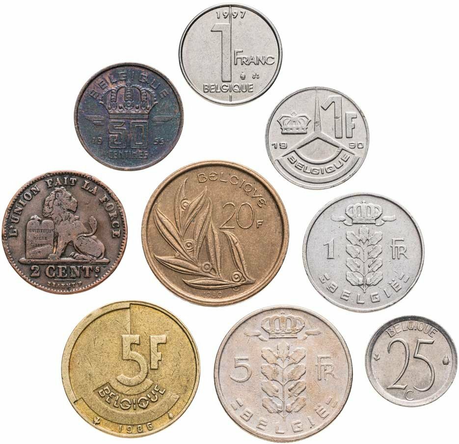 Бельгия набор из 9 монет 2, 25, 50 сантимов, 1, 5, 25 франков 1905-1997, Различные сплавы, в сохранности VF-AU