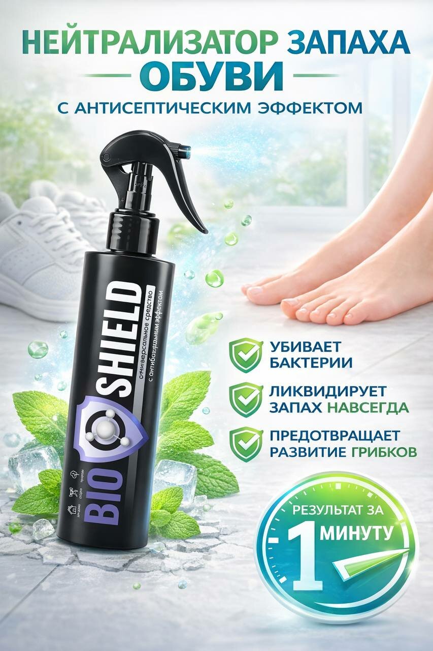 Нейтрализатор запаха обуви антисептический BIOSHIELD, антибактериальный спрей от запаха ног 250 мл