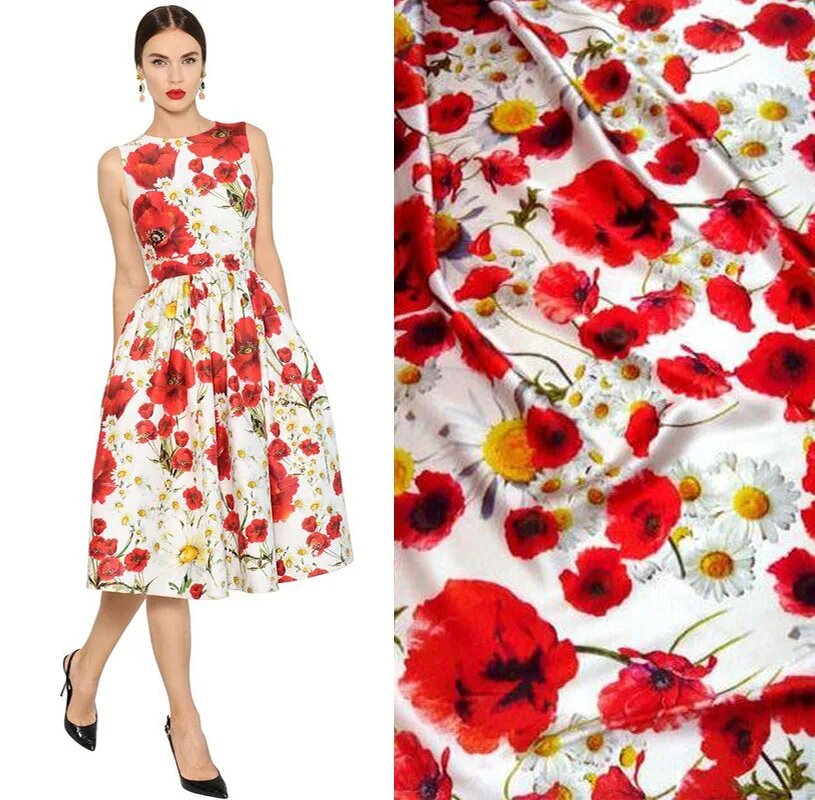 Шелковая атласная ткань с цветочным принтом POLIS 1M