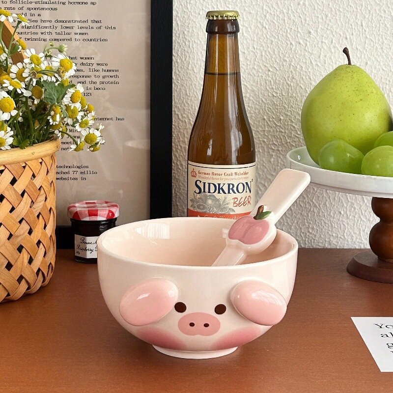 Милая керамическая миска с мультяшным дизайном, высококачественная домашняя суповая миска, салатная миска, пара рисовых мисок с ложкой, набор посуды в парном стиле
