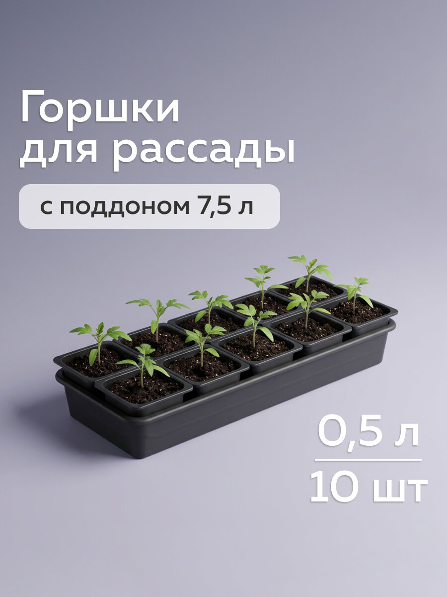 Набор для рассады «Агроном» с поддоном, Альт-Пласт, пластик, чёрный, 0,5л (10шт), поддон 7,5л (1шт)