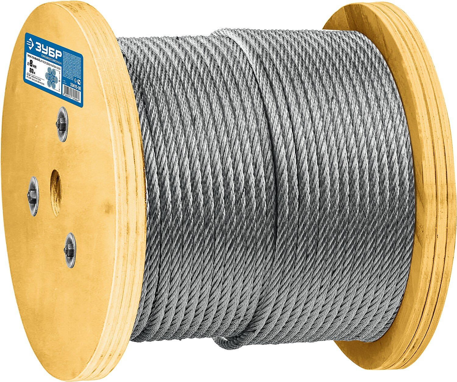 Трос грузоподъемный ЗУБР DIN 3060, свивка 6х19 IWR, 8 мм, длина 80 м, стальной, Профессионал