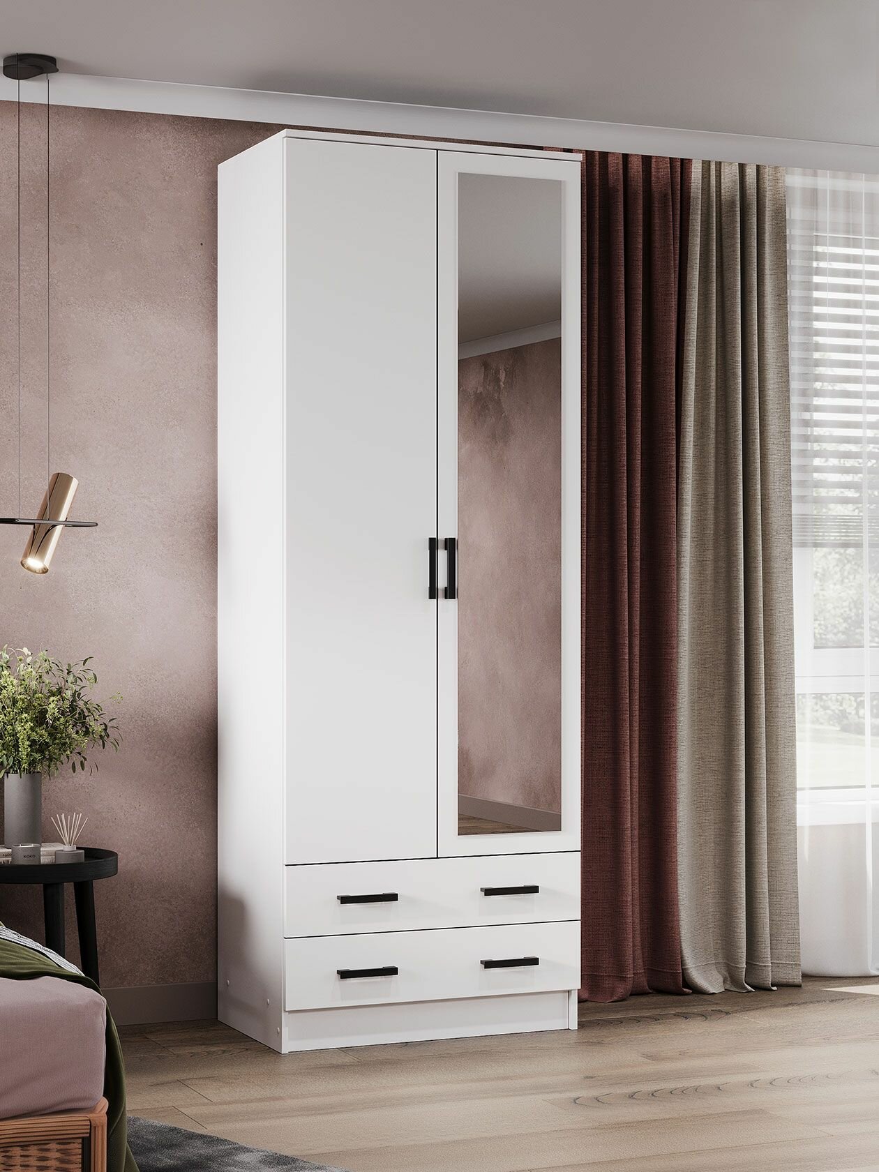 Распашной шкаф для одежды и хранения вещей Прагма с зеркалом, с ящиками, со штангой для одежды, 80х48.7х220 см, Белый гладкий