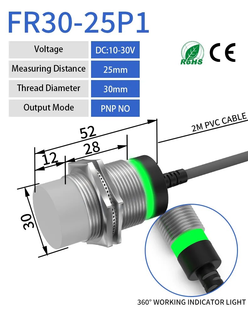Датчик приближения FR30-25P1, 25мм, DC 10-30V, PNP NO