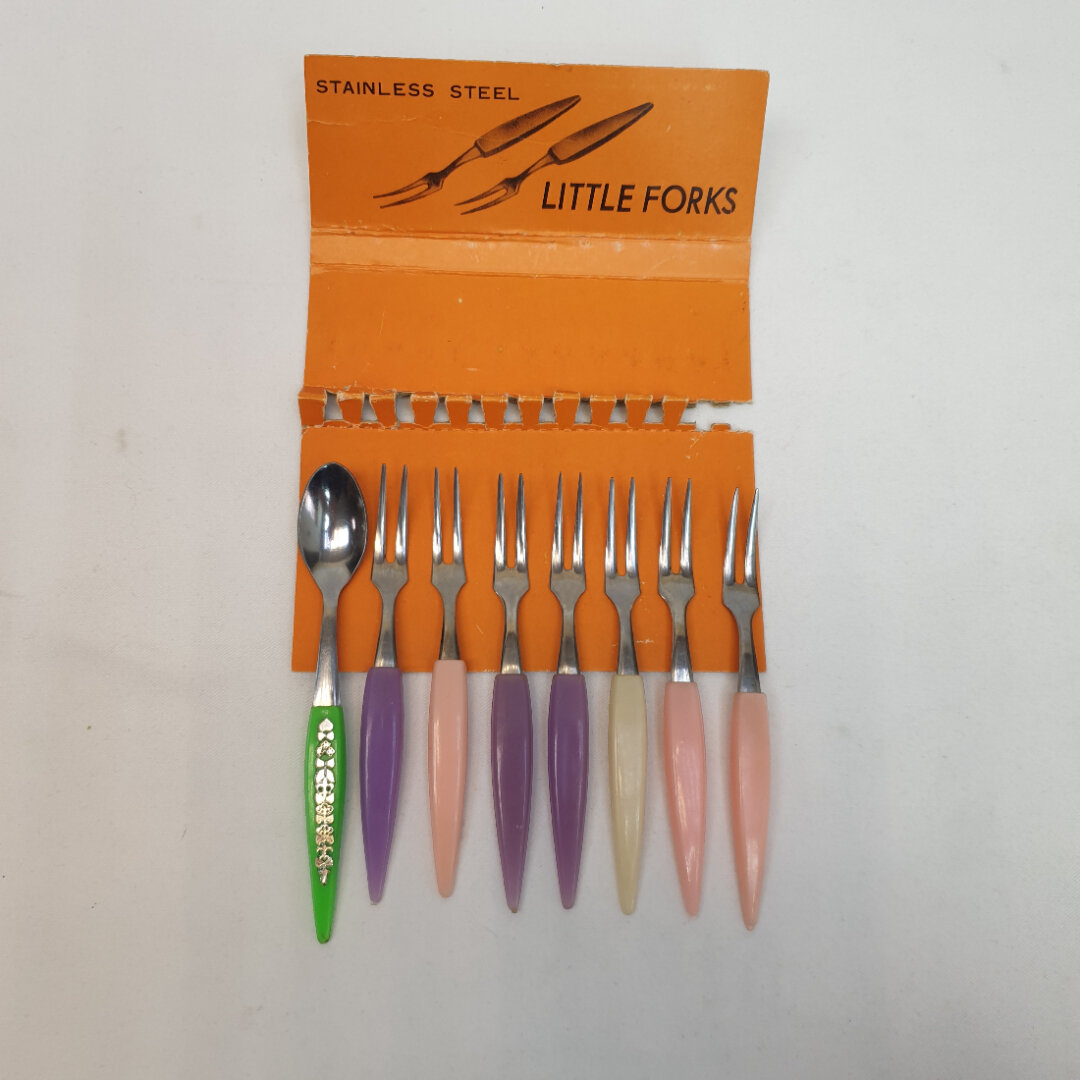 Вилки для оливок и лимона 8 шт, пластиковые ручки, нержавейка. Винтаж